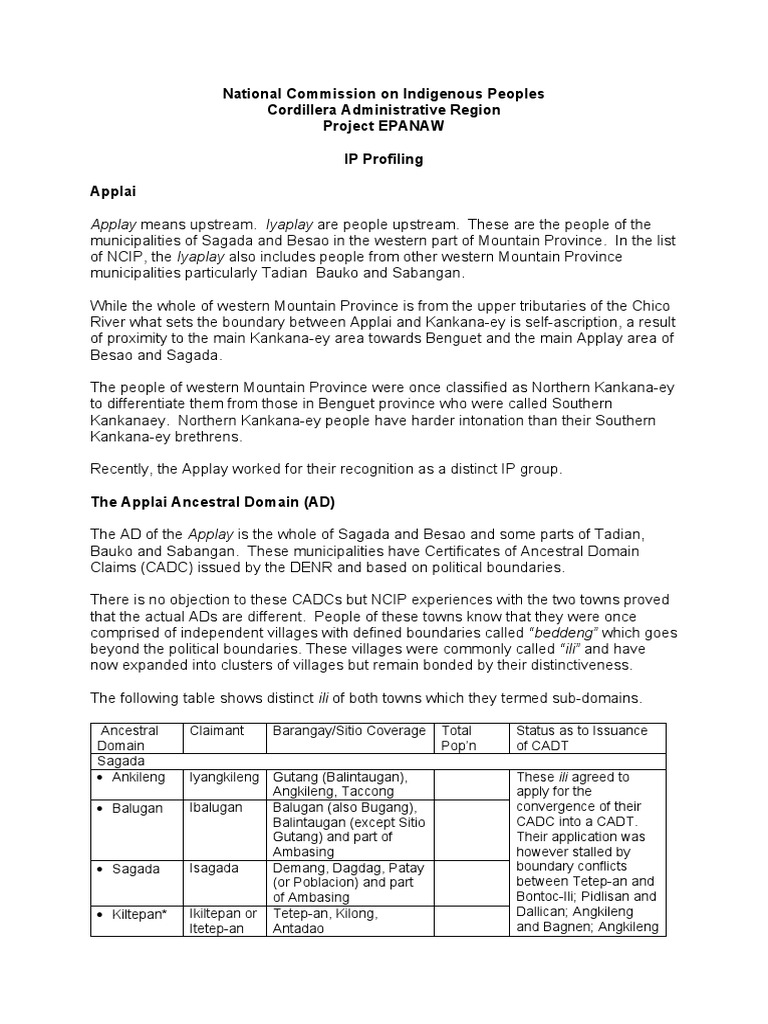 An Ethnographic Profile of the Applai Indigenous Cultural Community ...