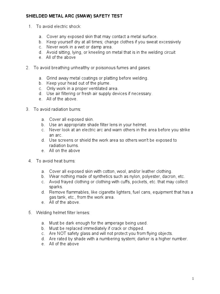 Shielded Metal Arc (Smaw) Safety Test | PDF | Welding | Construction