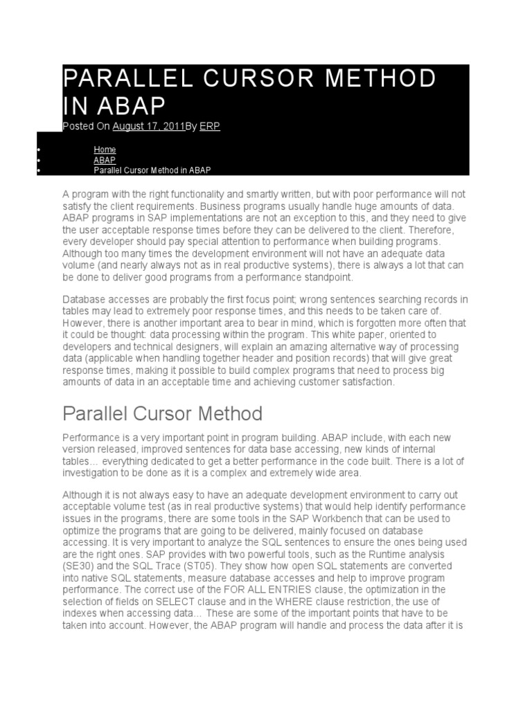 Parallel Cursor Method in Abap | PDF | Database Index | Databases