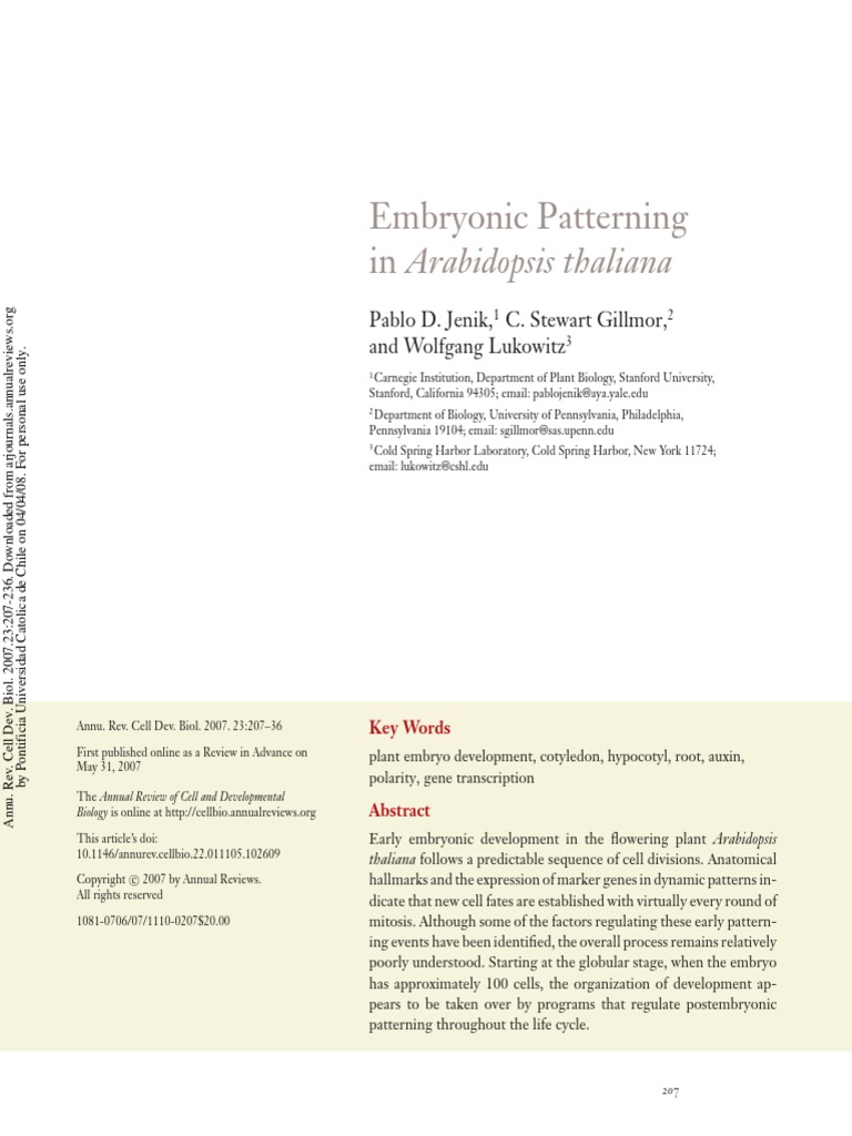 Annurev - Cellbio.22.011105embryonic Patterning | PDF | Auxin | Embryo