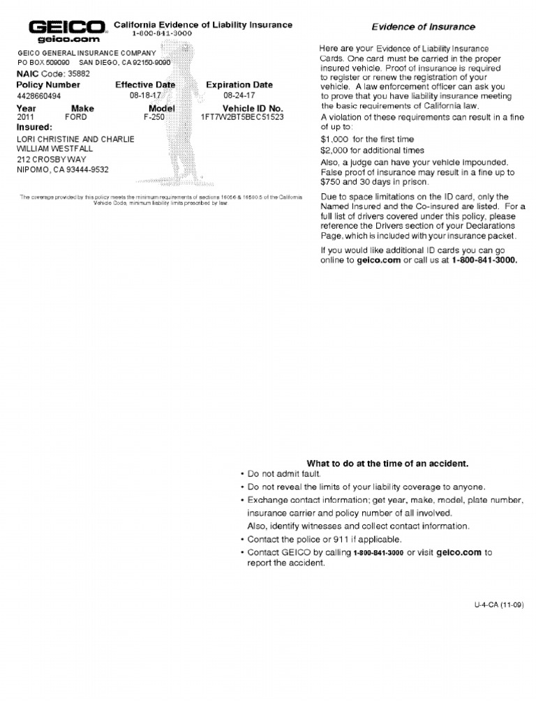 Geico General Insurance Company PO BOX 509090 SAN DIEGO, CA 92150-9090 ...