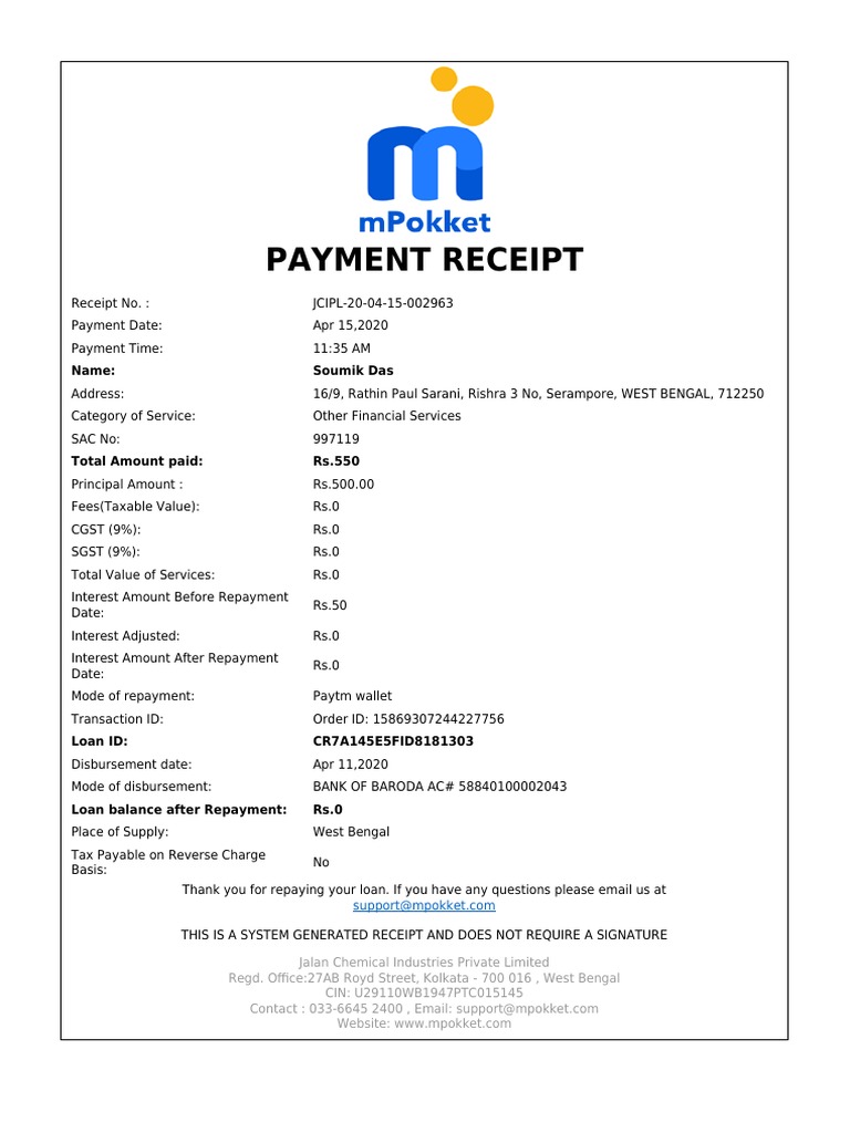 Payment Receipt for Loan Repayment | PDF