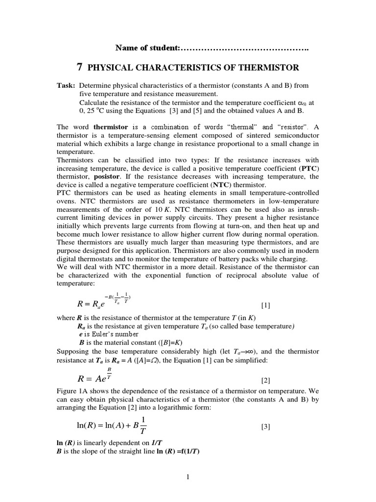 Name of Student: .. Physical Characteristics of Thermistor | PDF ...