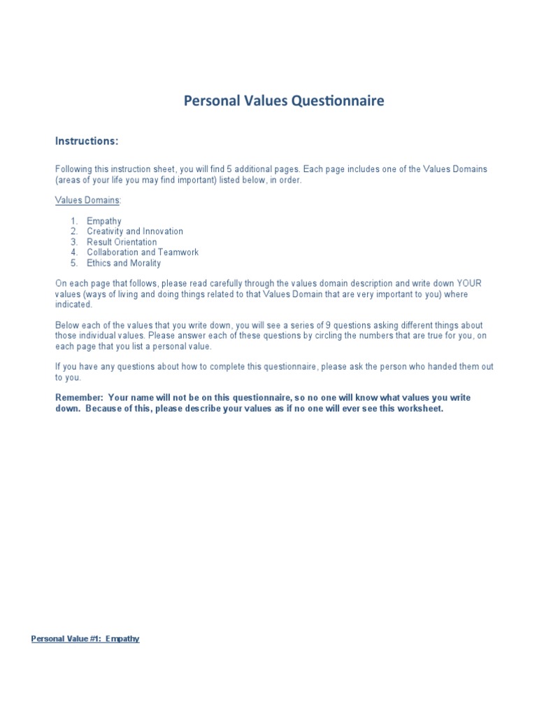 Personal Values Questionnaire: Instructions | PDF | Value (Ethics ...