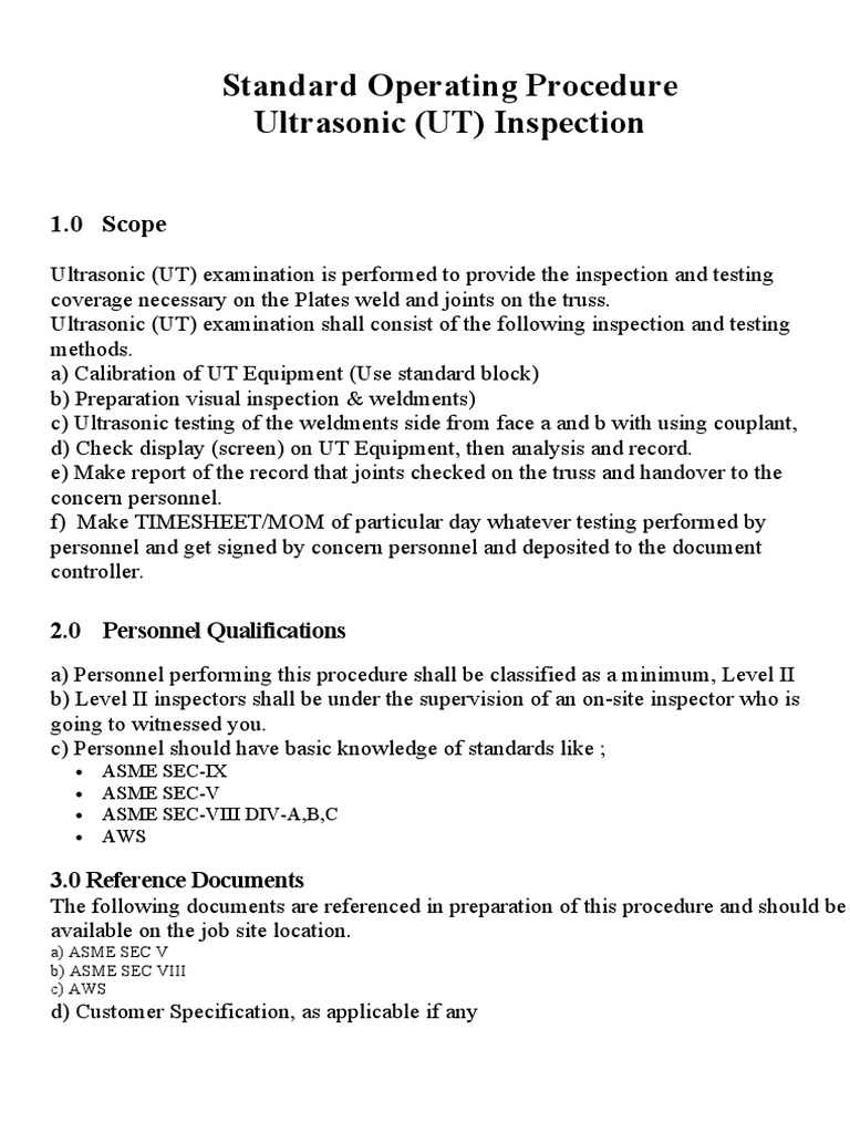Standard Operating Procedure Ultrasonic (UT) Inspection: 1.0 Scope ...