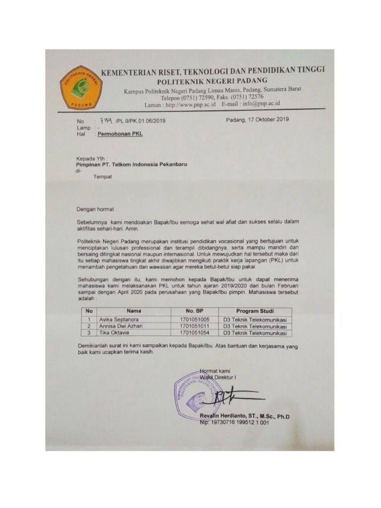 Surat Permohonan PKL | PDF