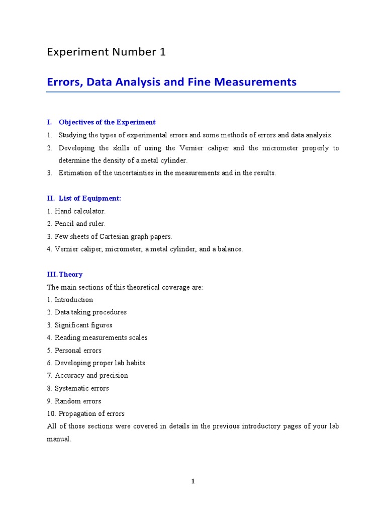 Errors, Data Analysis and Fine Measurements: Experiment Number 1 | PDF ...