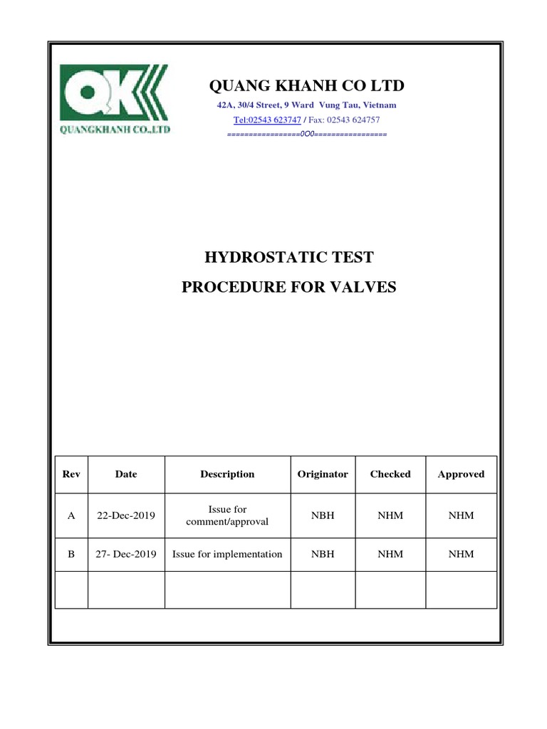 Hydrostatic Test Procedure For Valves | PDF | Valve | Pressure
