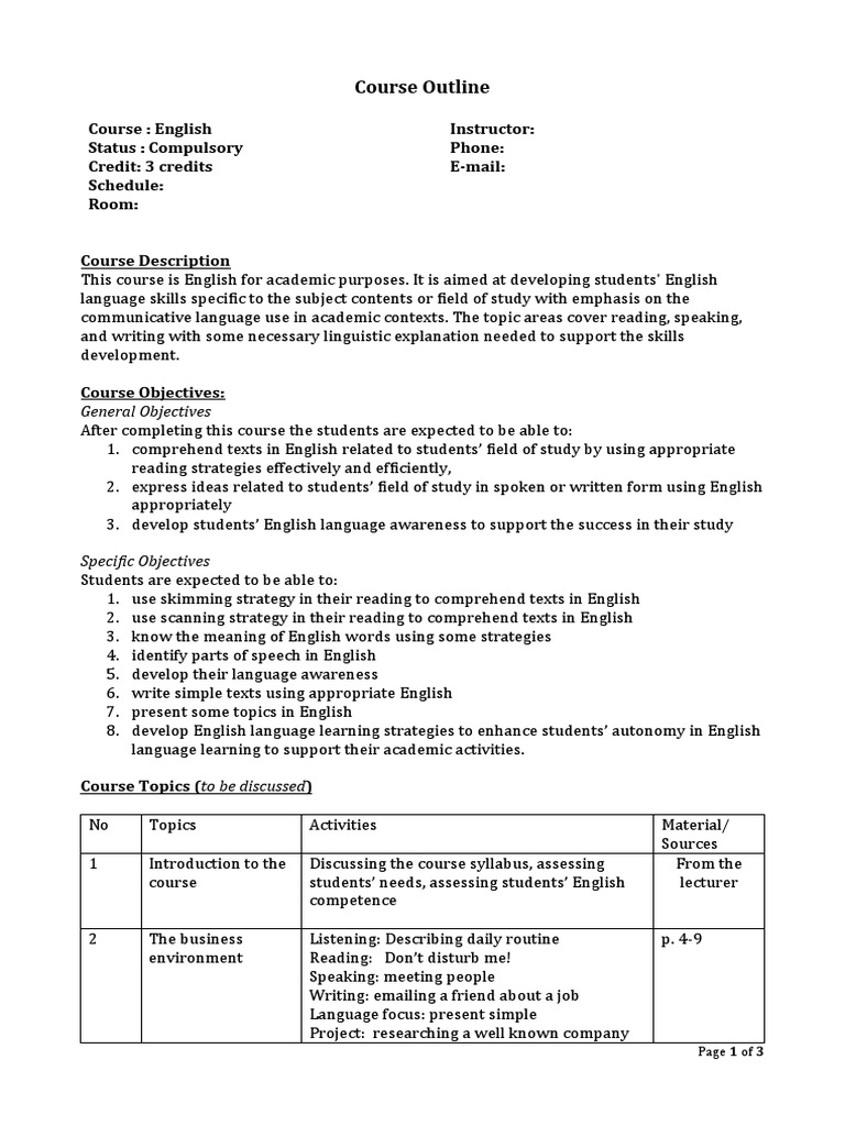 Course Outline: Course: English Status: Compulsory Credit: 3 Credits ...