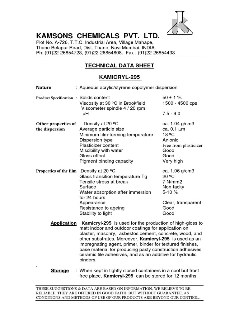 Kamsons Chemicals Pvt. LTD.: Technical Data Sheet KAMICRYL-295 | PDF ...