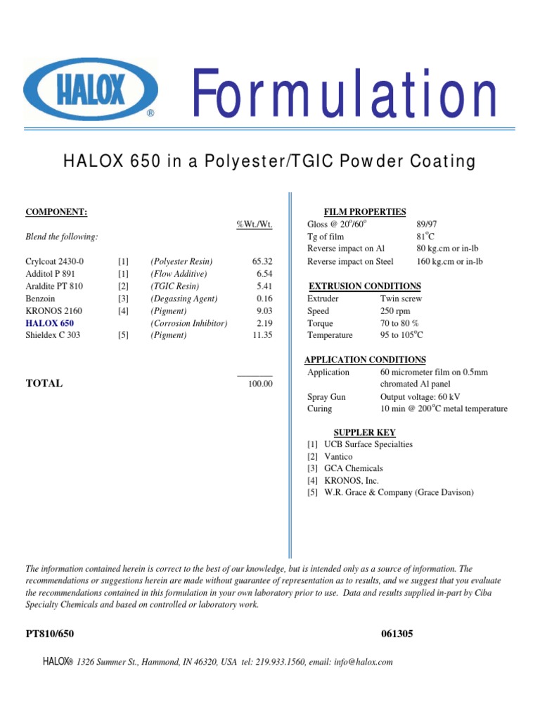 Formulation: HALOX 650 in A Polyester/TGIC Powder Coating | PDF ...
