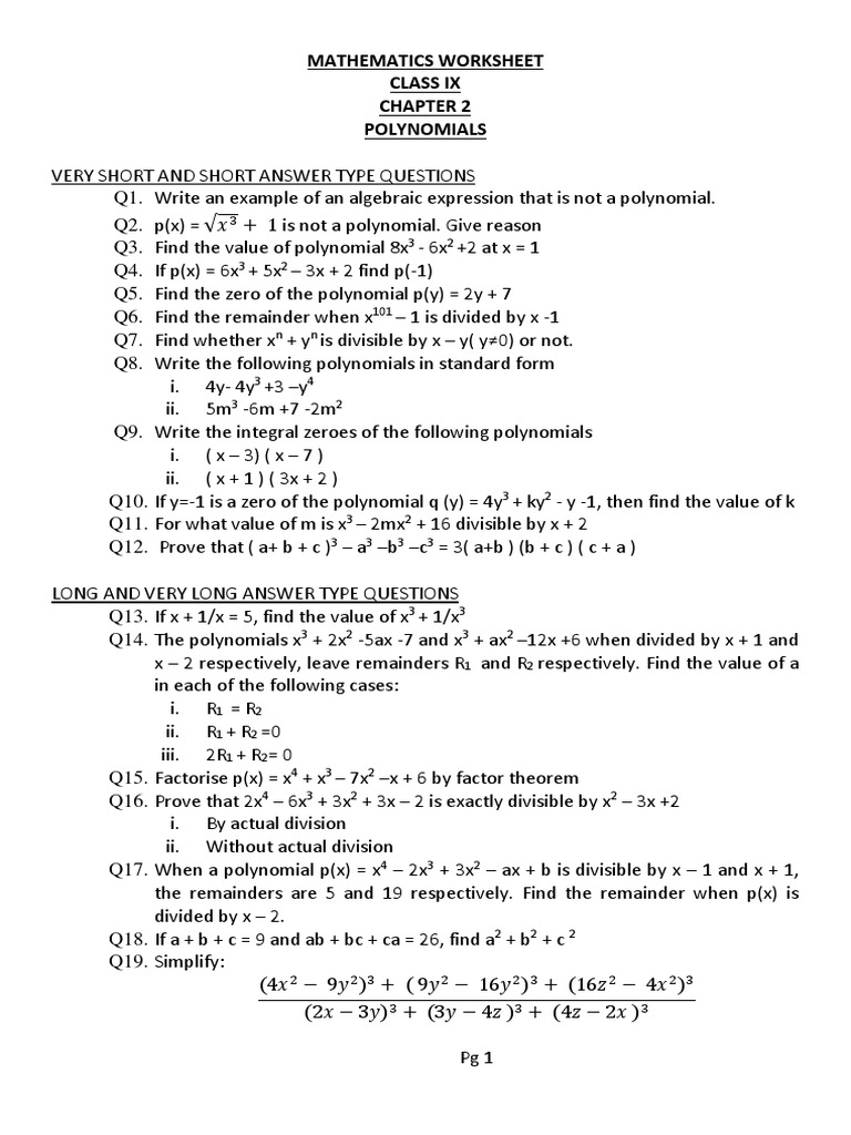 Class IX polynomials worksheet short answer questions | PDF ...
