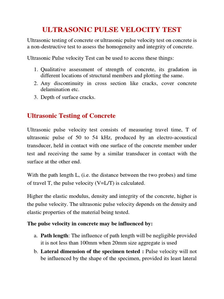 Ultrasonic Pulse Velocity Test Guide | PDF | Ultrasound | Concrete