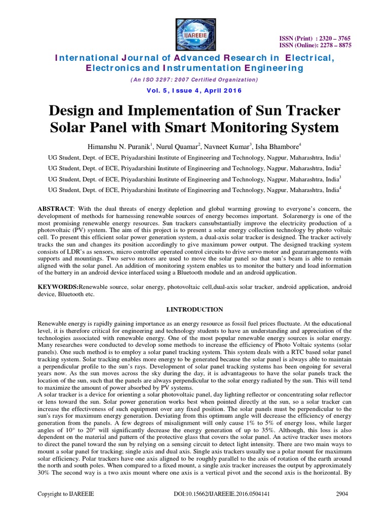 Design and Implementation of Sun Tracker Solar Panel With Smart ...