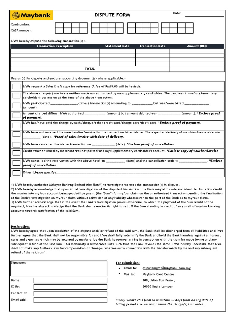 Dispute Form: Transaction Date Statement Date Transaction Description ...