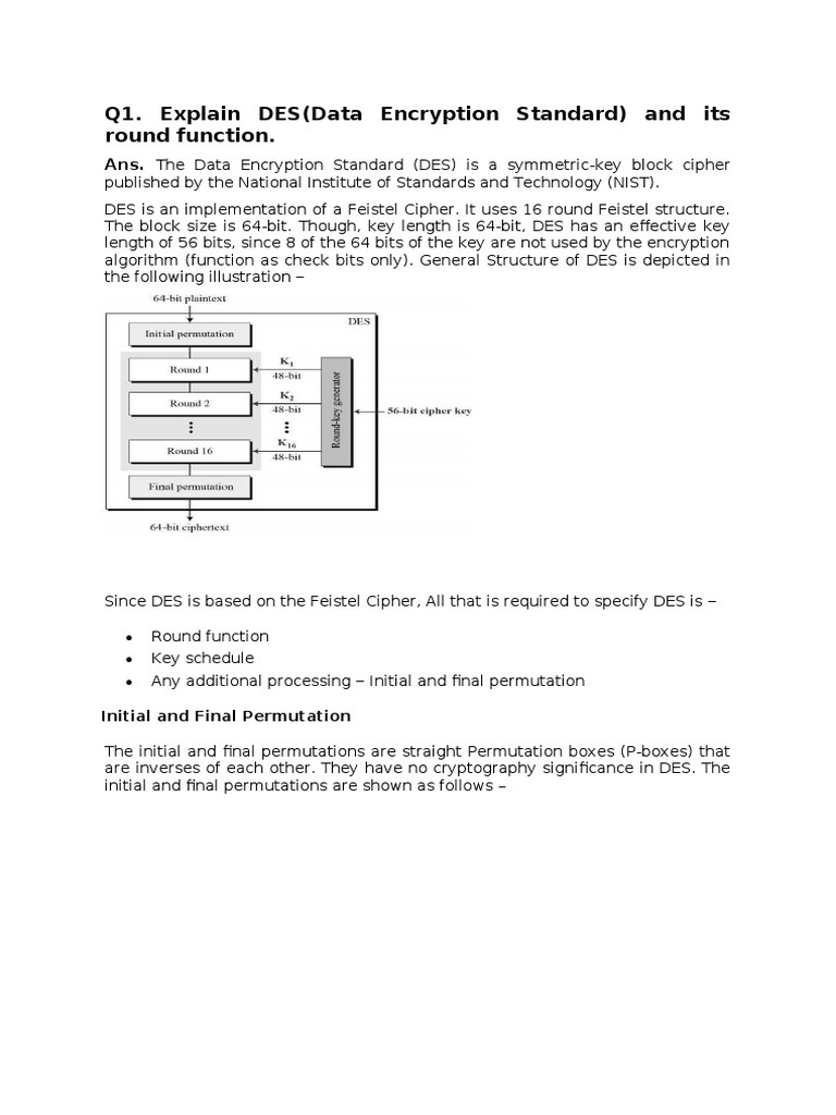 Q1. Explain DES (Data Encryption Standard) and Its Round Function | PDF ...