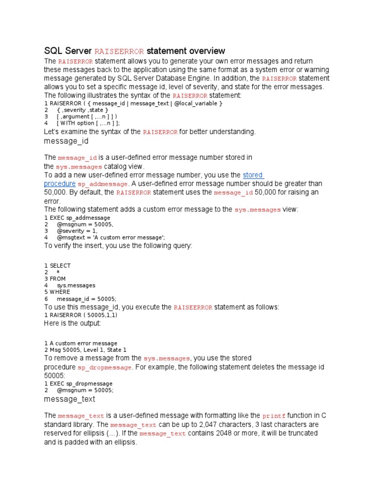 SQL Server Statement Overview: Raiseerror | PDF | Microsoft Sql Server ...