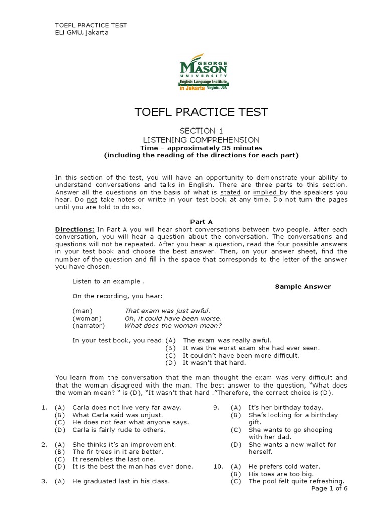 Toefl Practice Test: Section 1 Listening Comprehension | PDF | Test ...