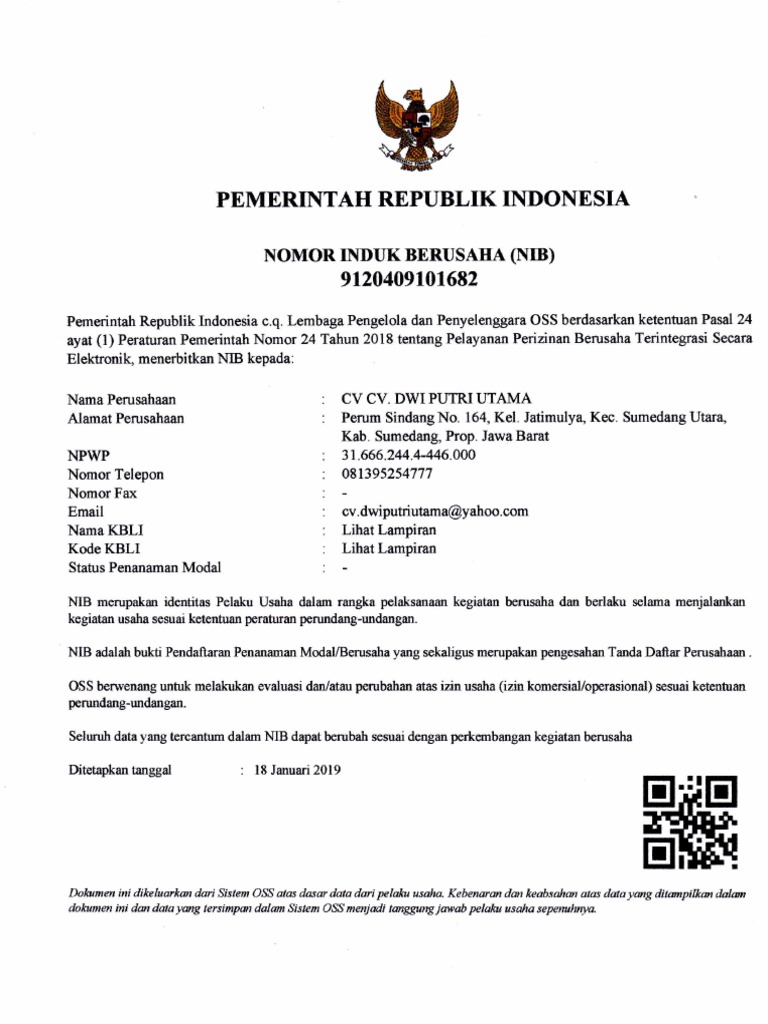 Nib CV, Dwi Putri Utama | PDF