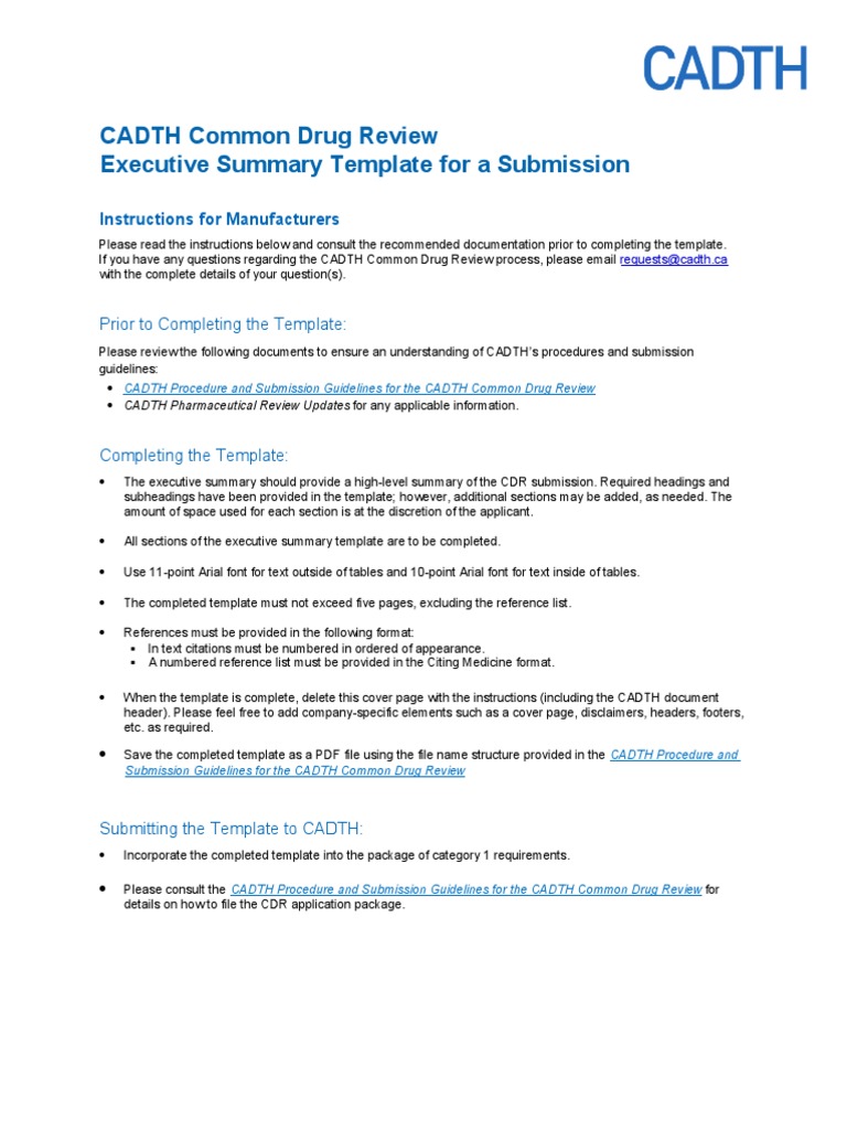 CADTH Common Drug Review Executive Summary Template For A Submission ...