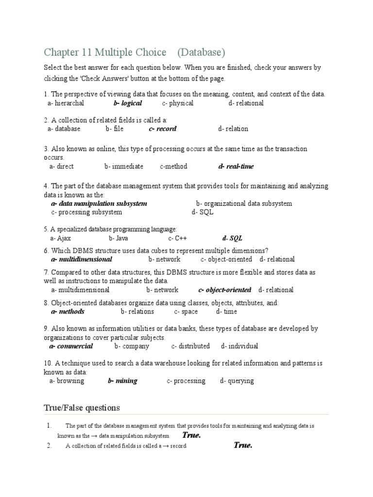 Chapter 11 Multiple Choice (Database) : True/False Questions | PDF | Relational Model | Database ...