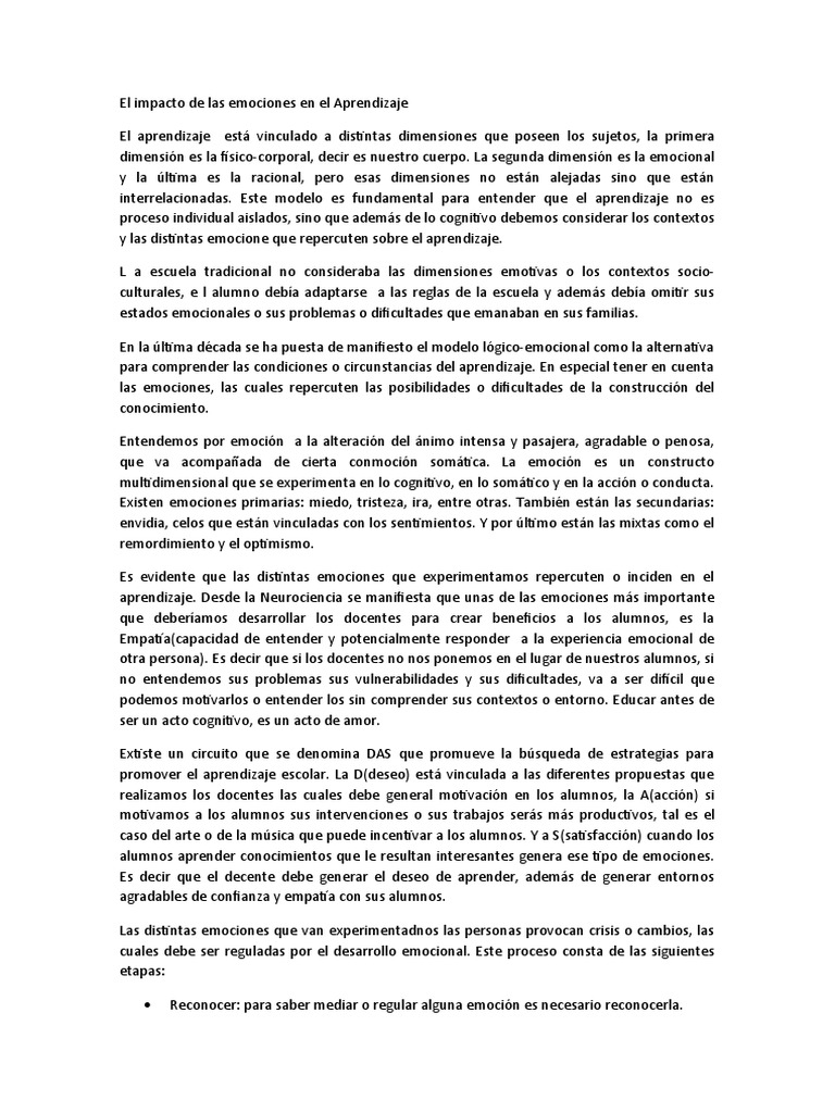 El Impacto De Las Emociones En El Aprendizaje Pdf Las Emociones