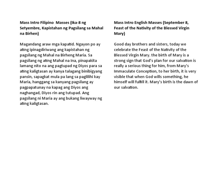Mass Intro Nativity of The BVM | PDF