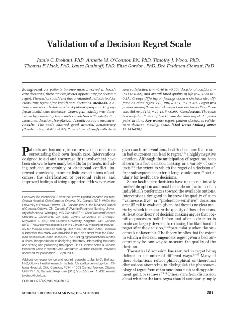 Brehaut2003 PP REGRET SCALE | PDF | Hormone Replacement Therapy | Choice