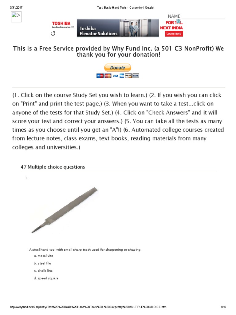 Basic Hand Tools Carpentry Quiz | PDF | Hammer | Carpentry