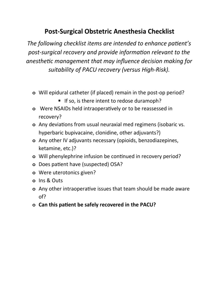Post-Surgical Obstetric Anesthesia Checklist | PDF