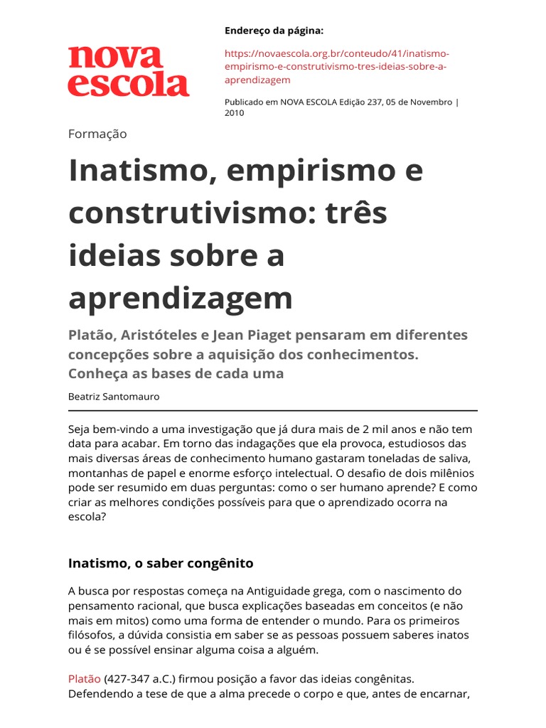 Inatismo Empirismo e Construtivismo Tres Ideias Sobre A Aprendizagempdf ...