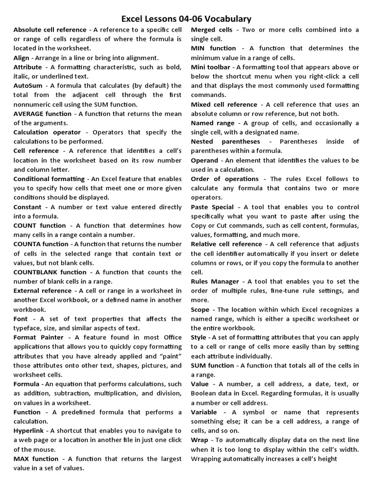 Excel Vocabulary - Chapter 4-6 | PDF | Microsoft Excel | Worksheet
