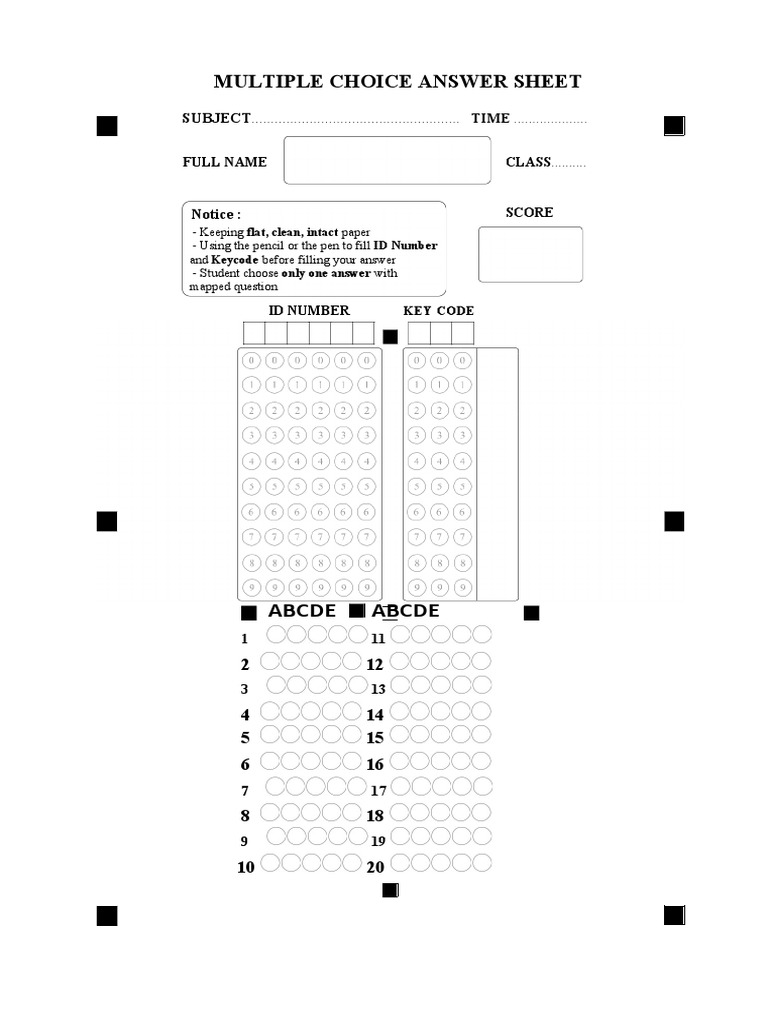 Multiple Choice Answer Sheet: SUBJECT