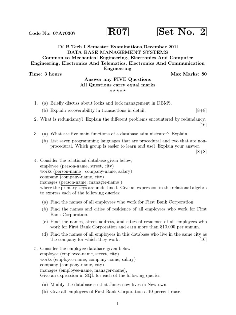 Database Management Systems Exam Questions | PDF | Relational Database ...