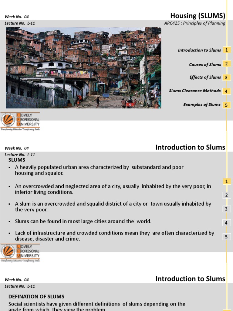 Housing (SLUMS) : ARC425: Principles of Planning | PDF | Slum | Economies