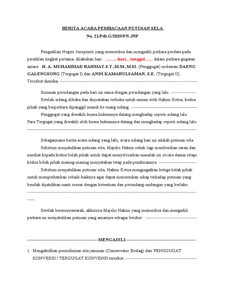 Berita Acara Pembacaan Putusan Sela | PDF