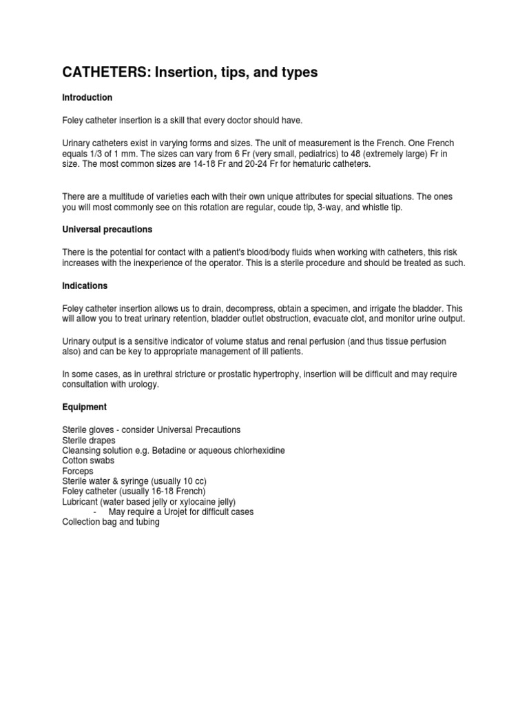 CATHETERS: Insertion, Tips, and Types | PDF | Catheter | Urology