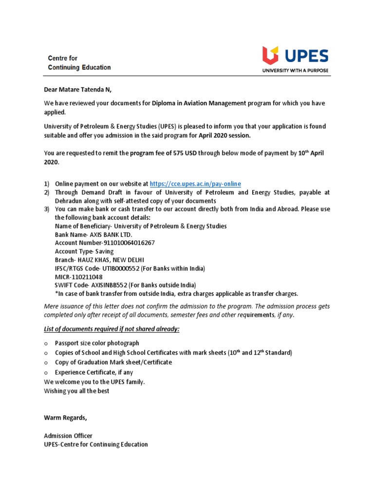 Offer Letter For Diploma in Aviation Management Program With UPES CCE ...
