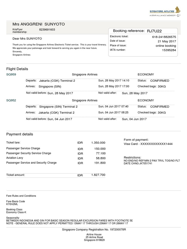 Mrs Anggreni Sunyoto RJ7U22: Booking Reference | PDF | Fee | Airlines