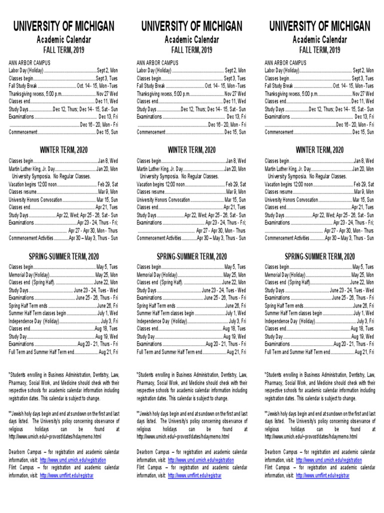 University of Michigan Academic Calendar for Fall 2019, Winter 2020 ...