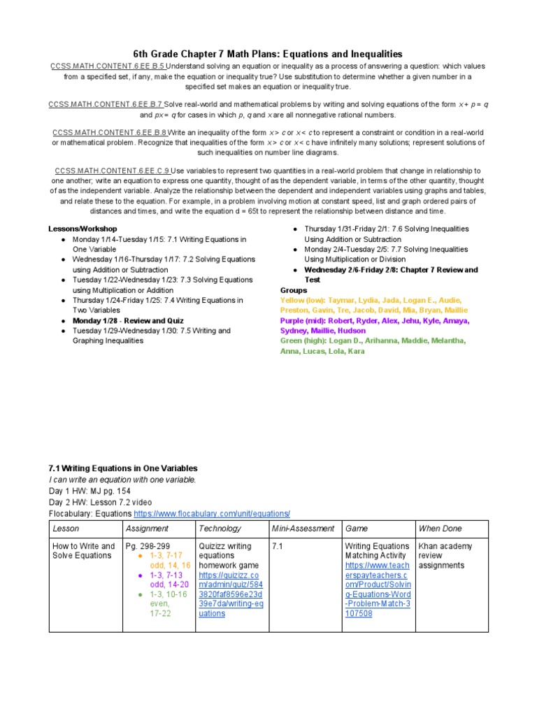 Math Chapter 7 Plans | PDF | Inequality (Mathematics) | Equations