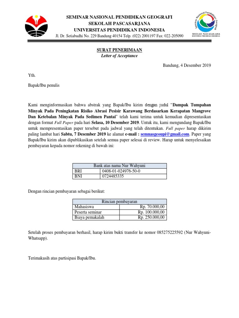 Surat Penerimaan - Letter of Acceptance | PDF