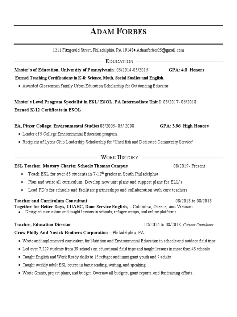 Forbes Resume SDP | PDF | English As A Second Or Foreign Language ...