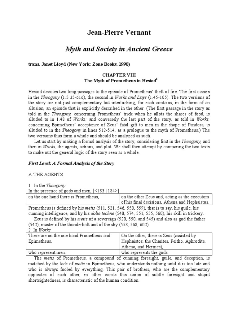 Vernant - Myth and Society in Ancient Greece Chapter Viii Hesiod | PDF ...