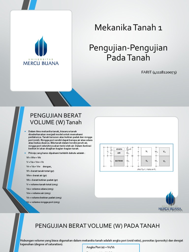 FARIT - PPT Mektan 1 Pengujian-Pengujian Pada Tanah | PDF | Griya & Taman | Sains & Matematika
