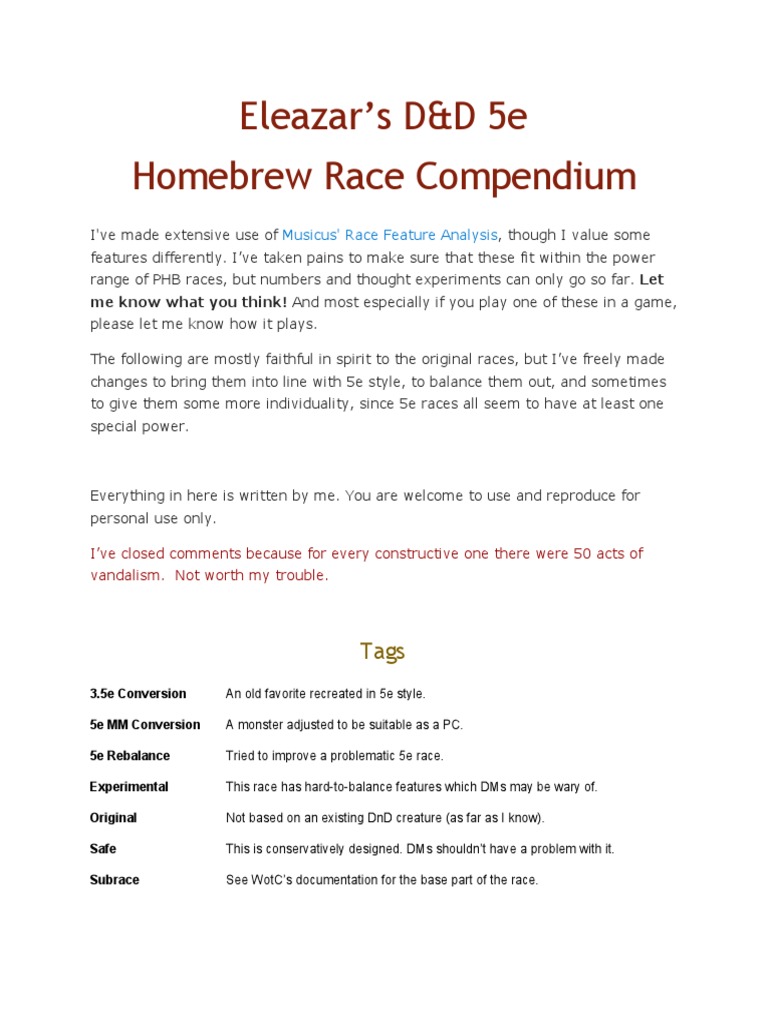 Eleazar's D&D 5e Homebrew Race Compendium | PDF | Dungeons & Dragons