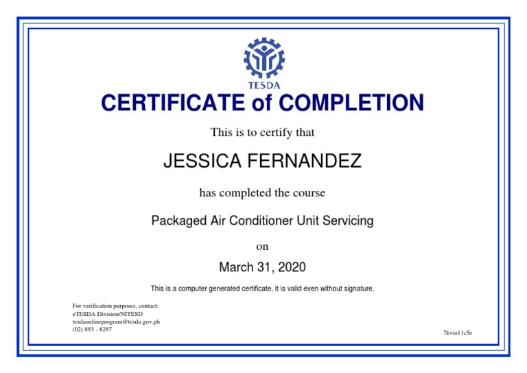 Packaged Air Conditioner Unit Servicing - Certificate of Completion PDF