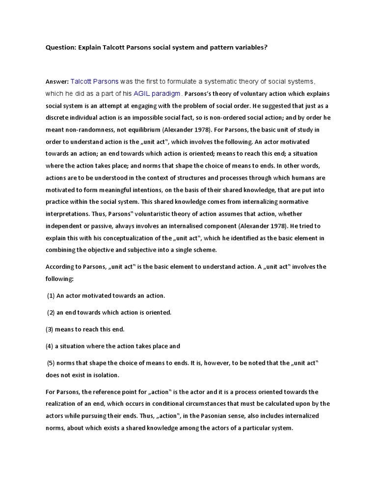 Talcott Parsons' Social System and Pattern Variables | PDF | System ...