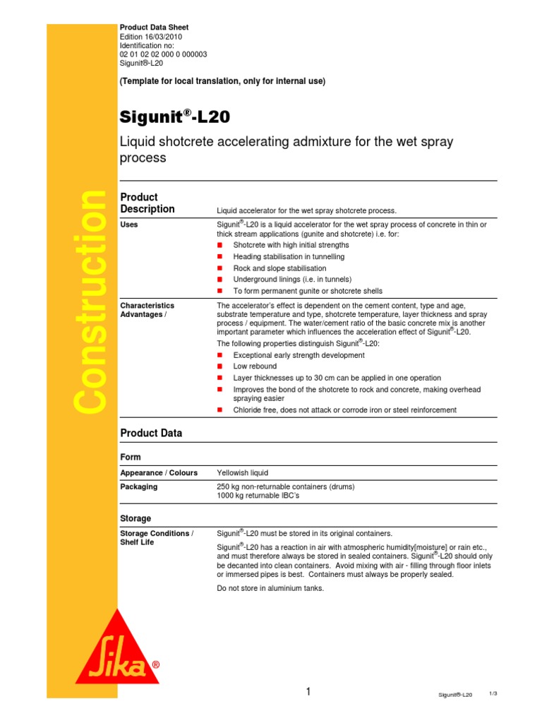 Sigunit - L20: Liquid Shotcrete Accelerating Admixture For The Wet ...