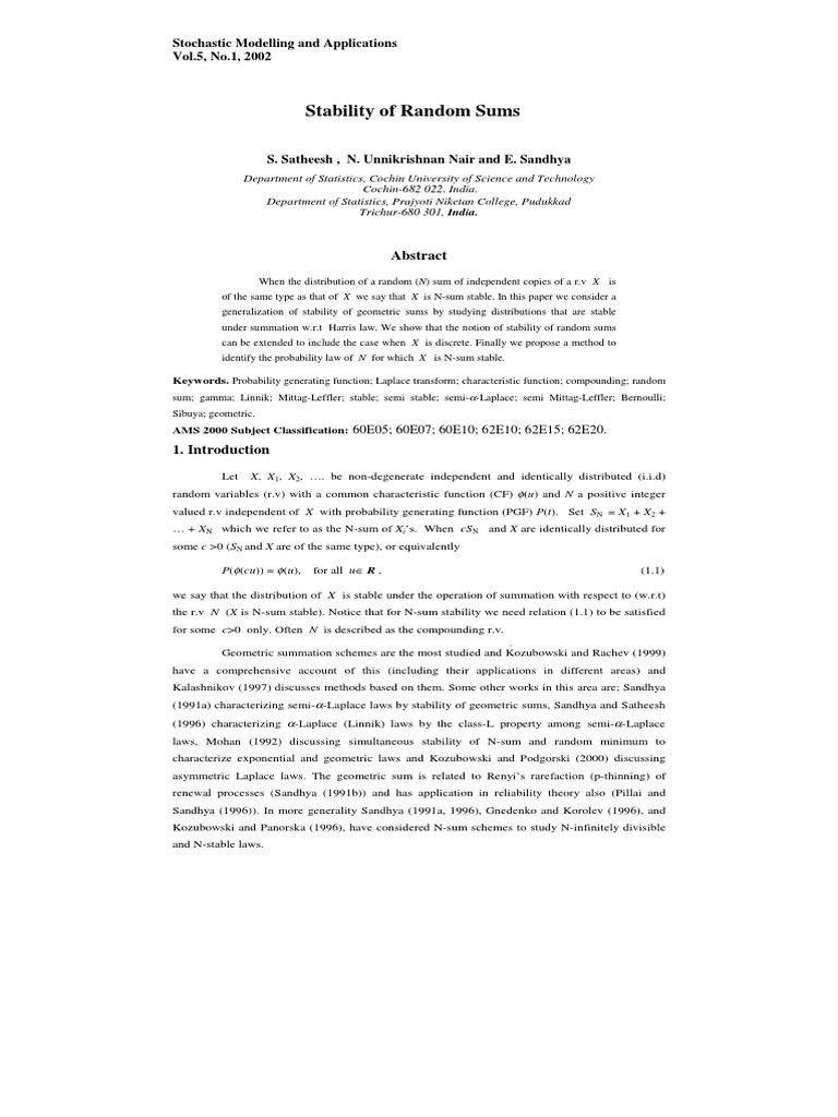 Stability of Random Sums: Stochastic Modelling and Applications Vol.5, No.1, 2002 | PDF ...